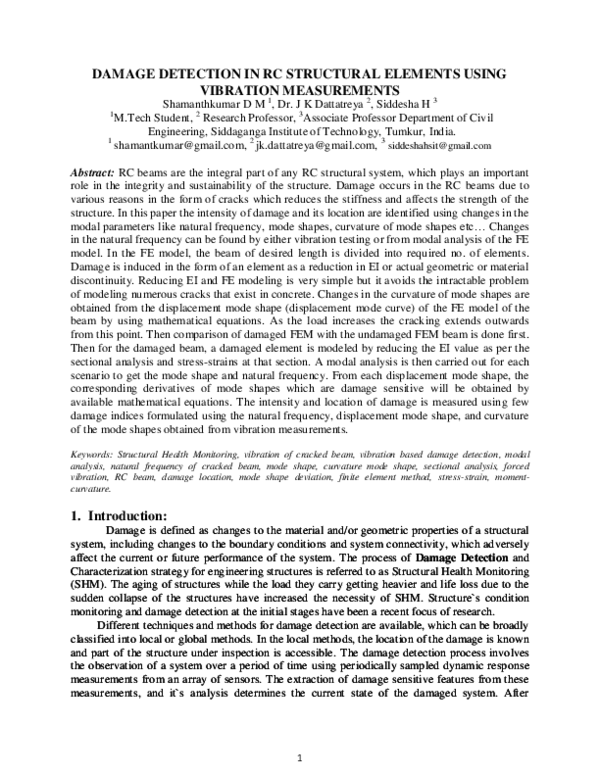(PDF) DAMAGE DETECTION IN RC STRUCTURAL ELEMENTS USING VIBRATION MEASUREMENTS