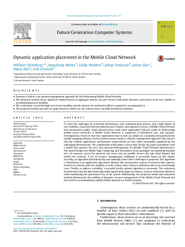 (PDF) Dynamic application placement in the Mobile Cloud Network