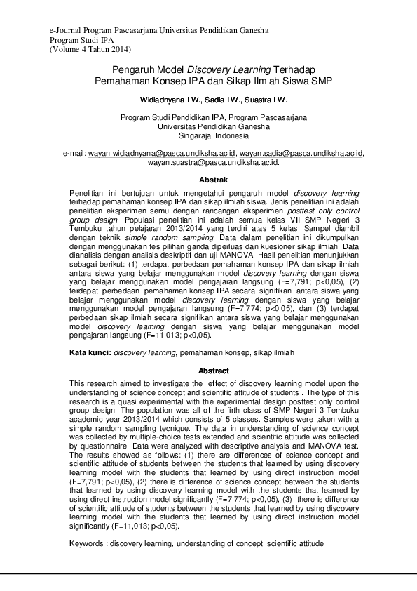 (PDF) Pengaruh Model Discovery Learning Terhadap Pemahaman Konsep IPA dan Sikap Ilmiah Siswa SMP