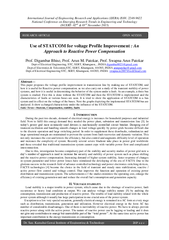 Pdf Use Of Statcom For Voltage Profile Improvement An Approach To Reactive Power Compensation
