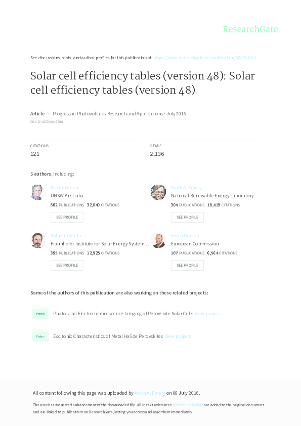 (PDF) Solar cell efficiency tables (version 48): Solar cell efficiency ...