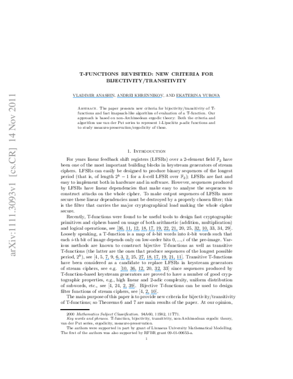 (PDF) T-functions revisited: new criteria for bijectivity/transitivity ...
