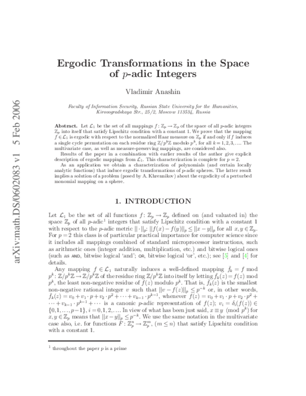 (PDF) Characterization of ergodicity of p-adic dynamical systems by using the van der Put basis ...