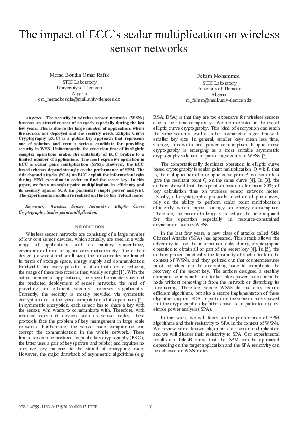 (PDF) The impact of ECC's scalar multiplication on wireless sensor networks