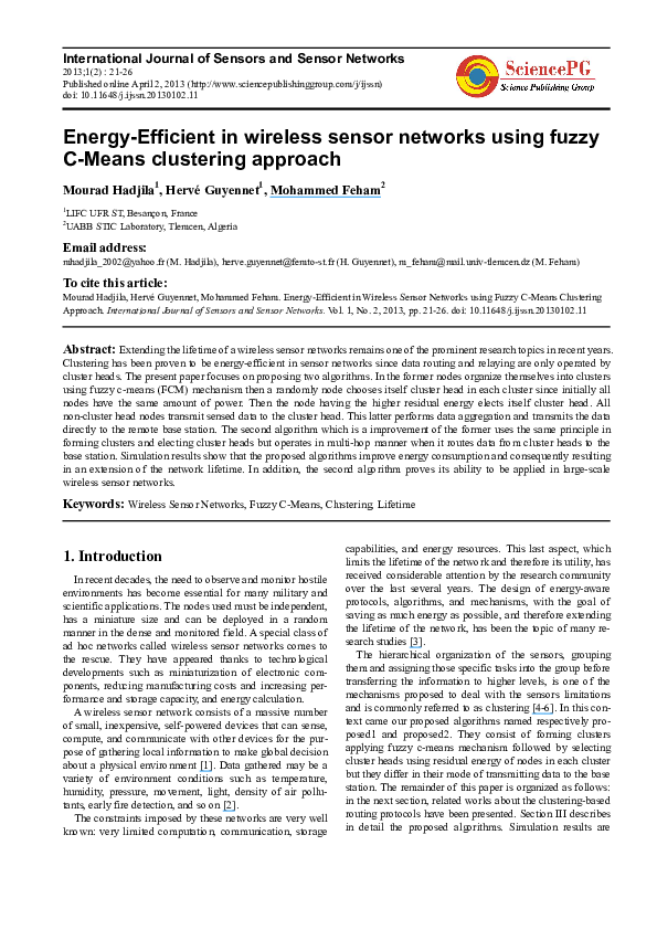 (PDF) Fuzzy C-Means for Energy-Efficient Sensor Networks