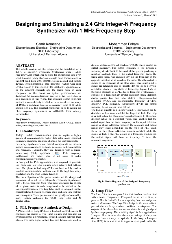 Pdf Designing And Simulating A 2 4 Ghz Integer N Frequency Synthesizer With 1 Mhz Frequency Step