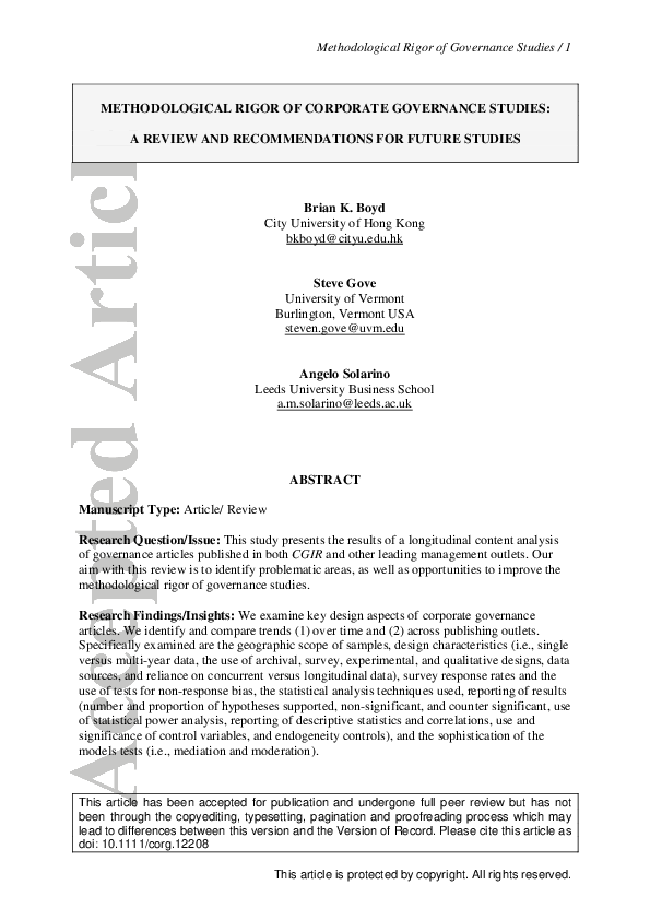 (PDF) METHODOLOGICAL RIGOR OF CORPORATE GOVERNANCE STUDIES: A REVIEW ...