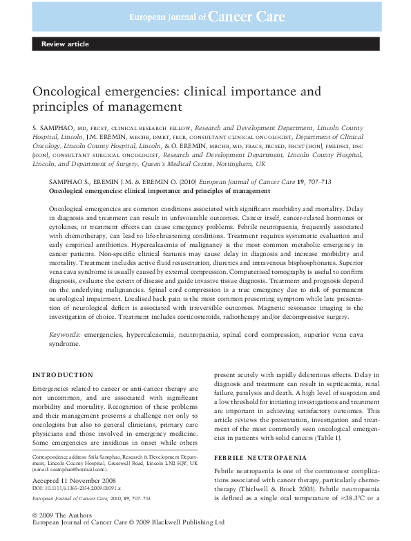 (PDF) Oncological emergencies: clinical importance and principles of ...