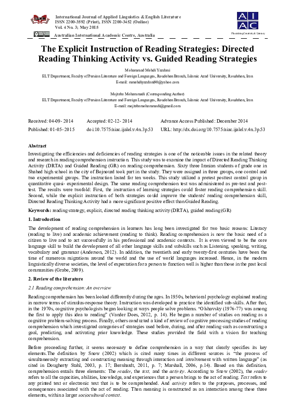 (PDF) The Explicit Instruction of Reading Strategies: Directed Reading ...