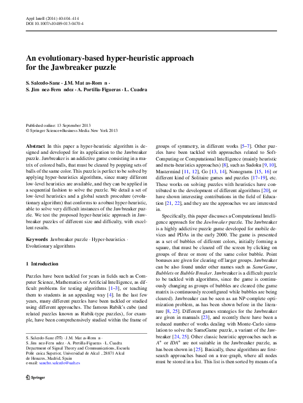 Pdf An Evolutionary Based Hyper Heuristic Approach For The Jawbreaker Puzzle
