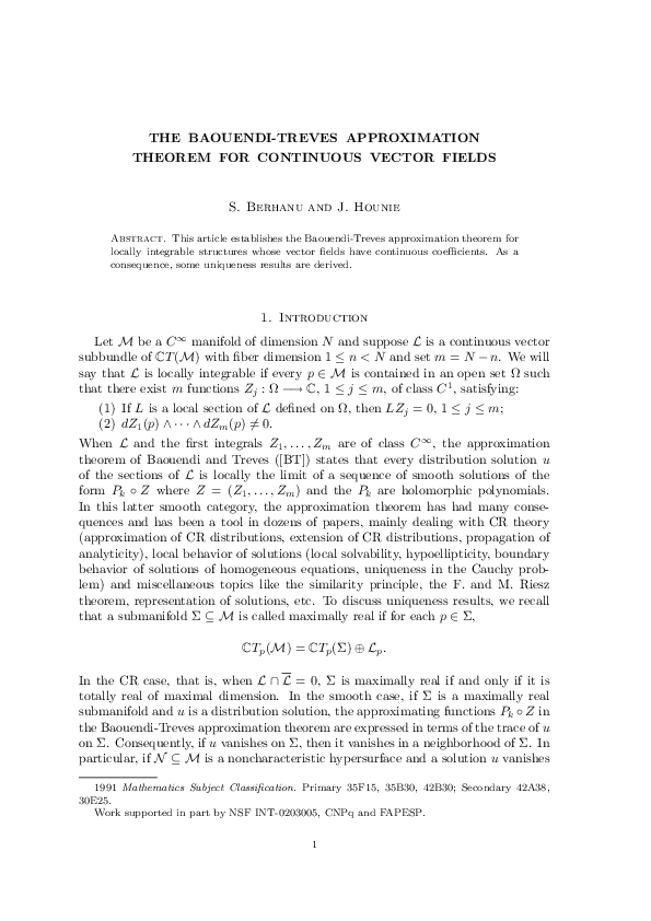 (PDF) The Baouendi-Treves approximation theorem for continuous vector fields