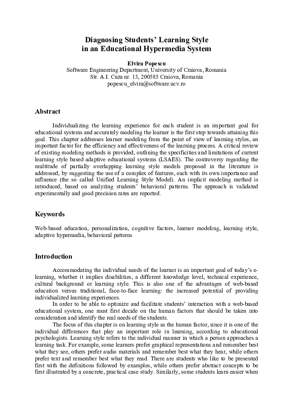 (PDF) Diagnosing students' learning style in an educational hypermedia system