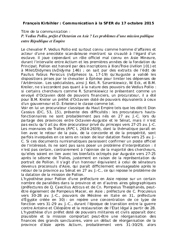 (DOC) Conference (Paris, 2015, October 17th) P. Vedius Pollio, préfet d ...