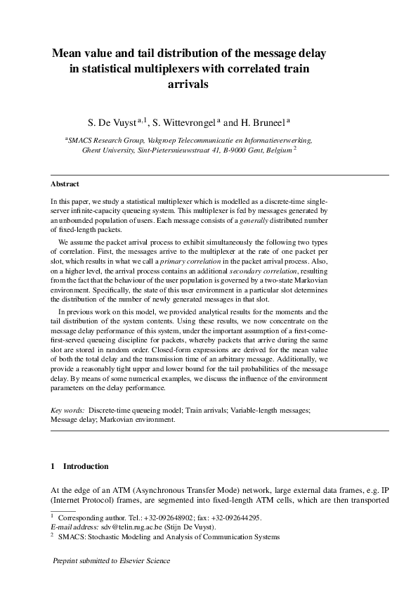 (PDF) Mean value and tail distribution of the message delay in statistical multiplexers with ...