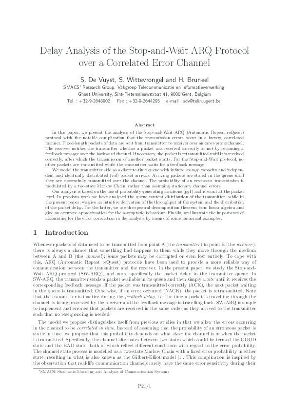 (PDF) Delay analysis of the stop-and-wait ARQ protocol over a correlated error channel