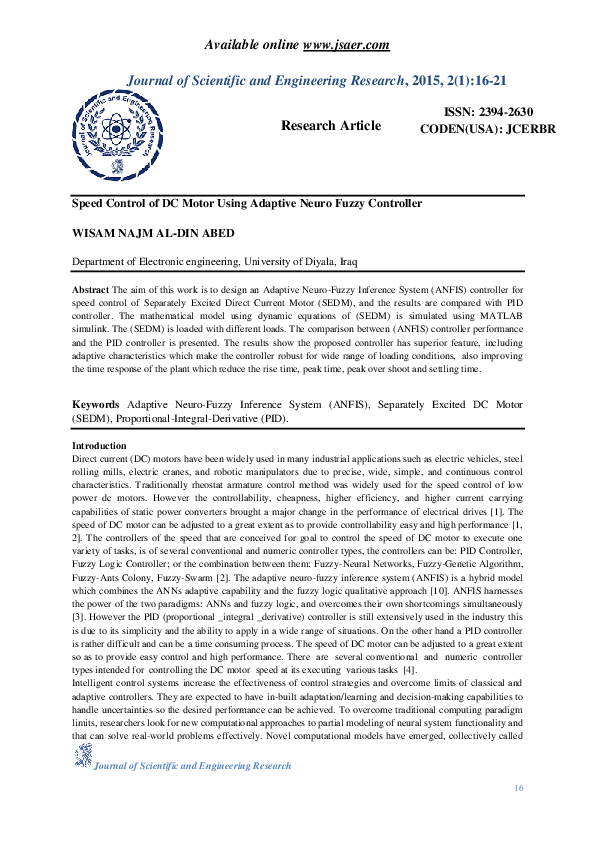 Pdf Speed Control Of Dc Motor Using Adaptive Neuro Fuzzy Controller