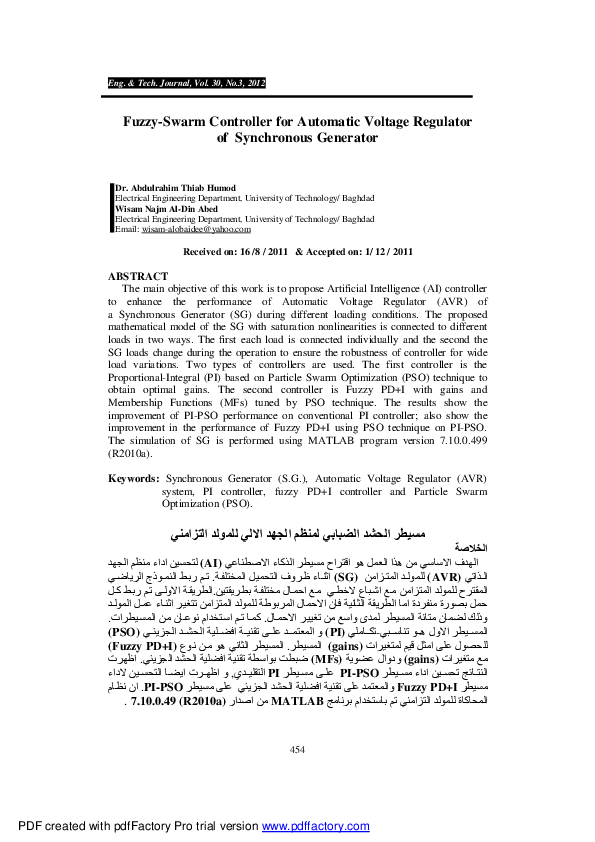 (PDF) Fuzzy-Swarm Controller for Automatic Voltage Regulator of Synchronous Generator