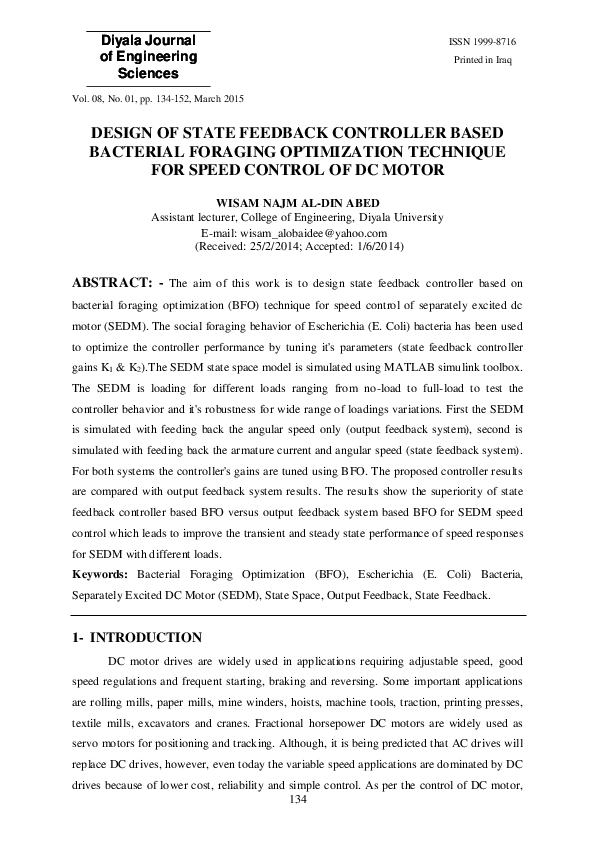 Pdf Design Of State Feedback Controller Based Bacterial Foraging Optimization Technique For