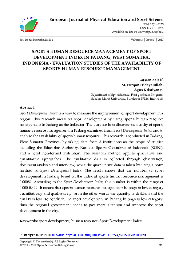 (PDF) SPORTS HUMAN RESOURCE MANAGEMENT OF SPORT DEVELOPMENT INDEX IN ...