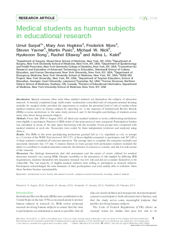 (PDF) Medical students as human subjects in educational research