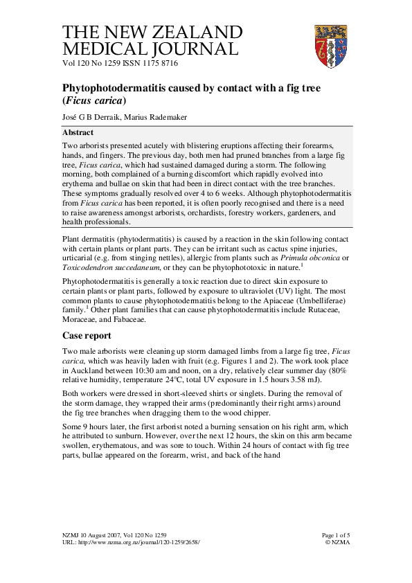 (PDF) Phytophotodermatitis caused by contact with a fig tree (Ficus carica). N Z Med J 120(1261 ...