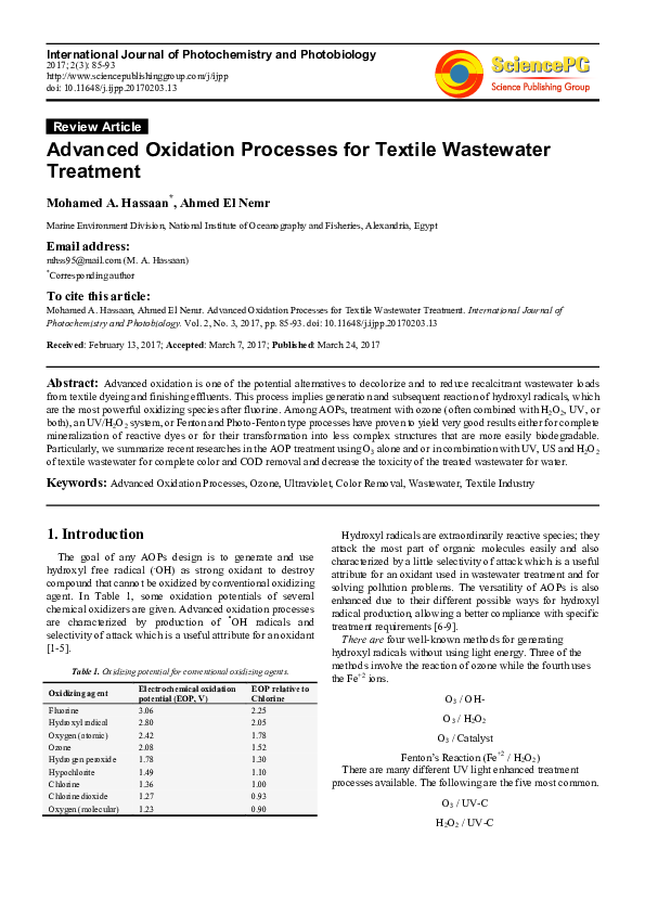 (PDF) Advanced Oxidation Processes for Textile Wastewater Treatment