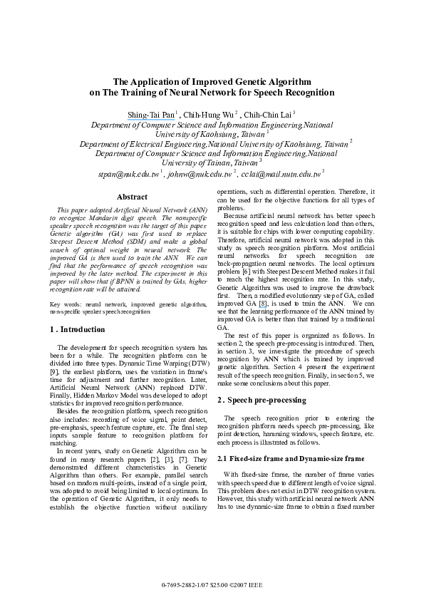 Pdf The Application Of Improved Genetic Algorithm On The Training Of Neural Network For Speech