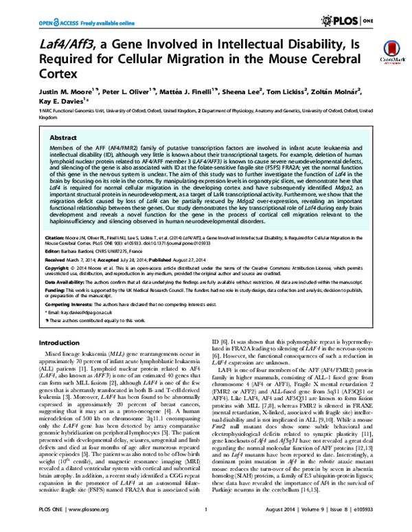 (PDF) Laf4/Aff3, a Gene Involved in Intellectual Disability, Is ...