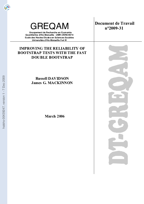 Pdf Improving The Reliability Of Bootstrap Tests With The Fast Double Bootstrap