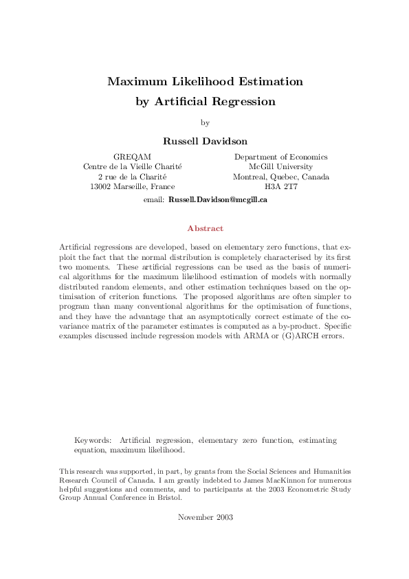 (PDF) Maximum Likelihood Estimation by Artificial Regression