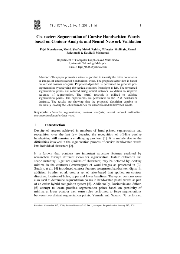 Pdf Characters Segmentation Of Cursive Handwritten Words Based On Contour Analysis And Neural