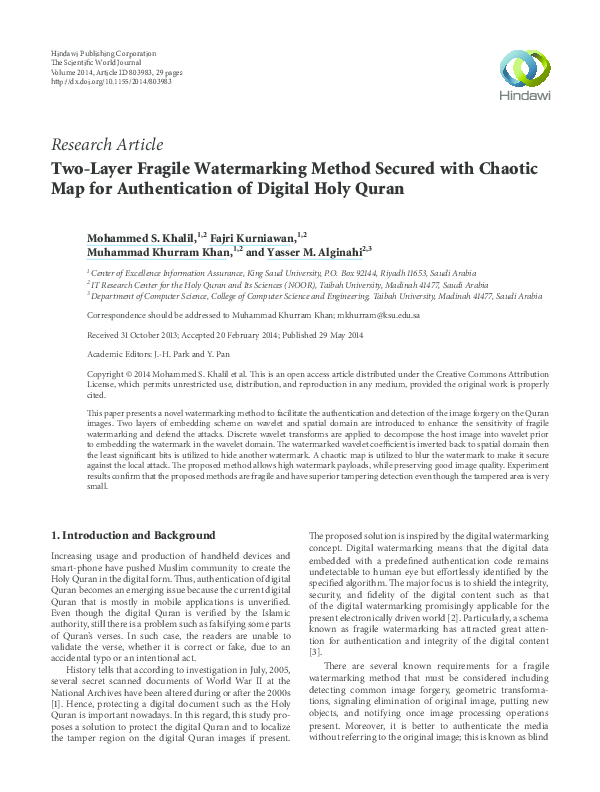 Pdf Two Layer Fragile Watermarking Method Secured With Chaotic Map For Authentication Of