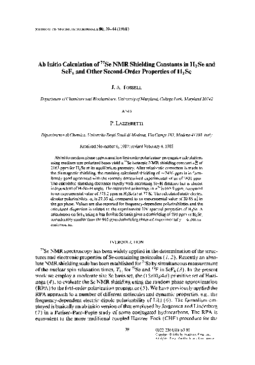 (PDF) Ab initio calculation of 77Se NMR shielding constants in H2Se and SeF6 and other second ...