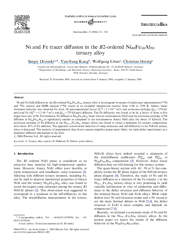 (PDF) Ni and Fe tracer diffusion in the B2-ordered Ni40Fe10Al50 ternary alloy