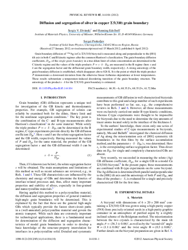 (PDF) Diffusion and segregation of silver in copper Σ5(310) grain boundary