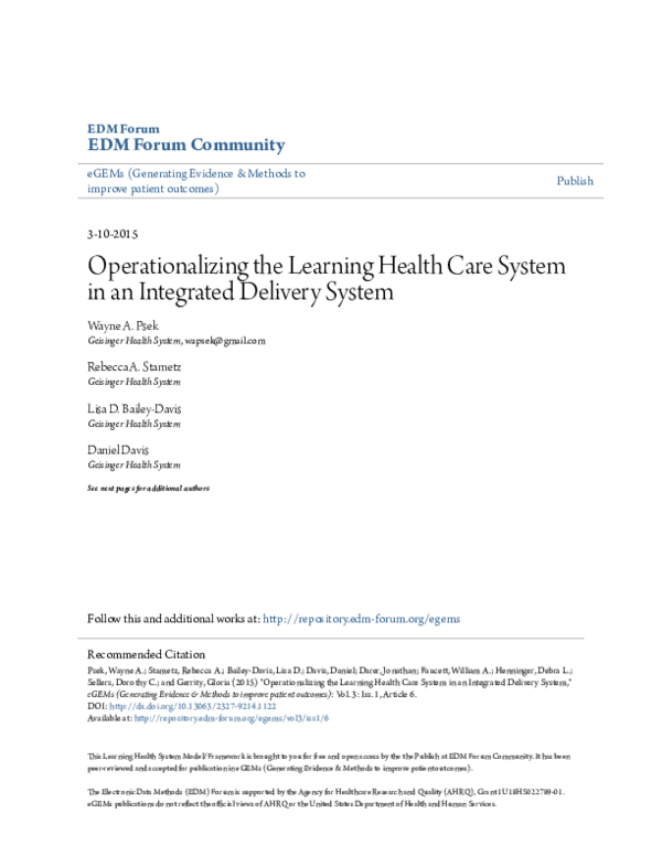 (PDF) Operationalizing the Learning Health Care System in an Integrated ...