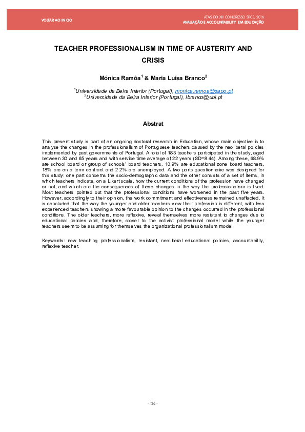 (PDF) TEACHER PROFESSIONALISM IN TIME OF AUSTERITY AND CRISIS