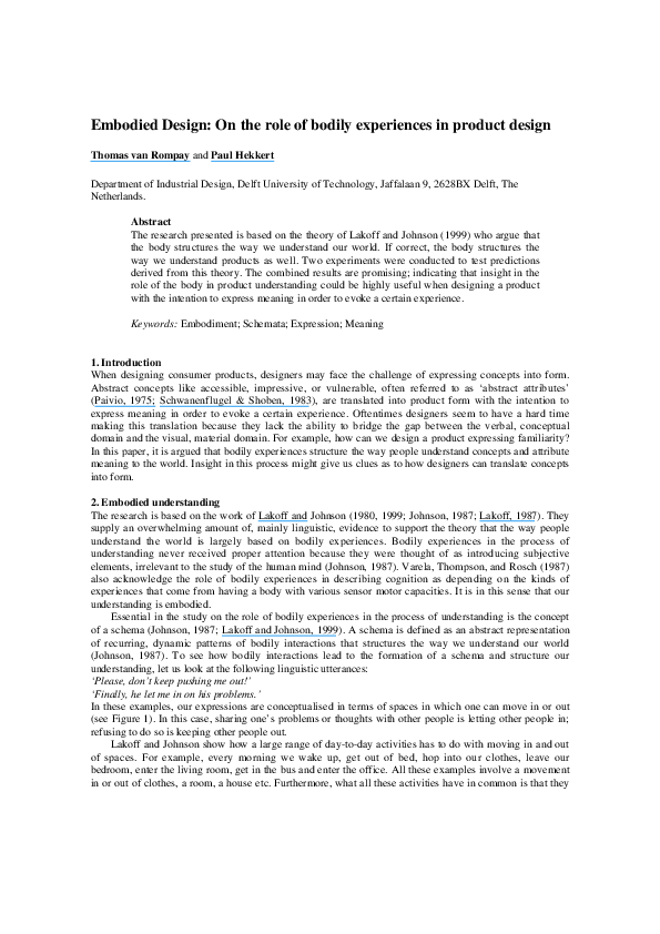 (PDF) Embodied design: On the role of bodily experiences in product design