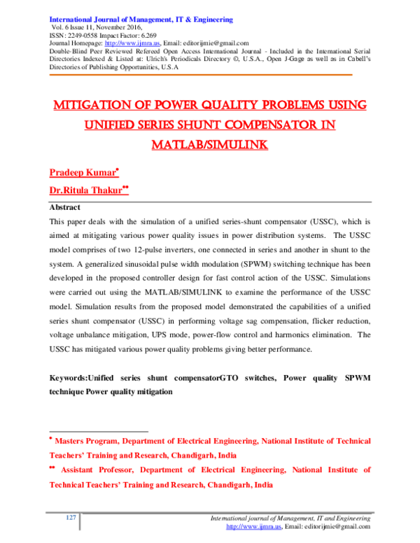Pdf Mitigation Of Power Quality Problems Using Unified Series Shunt