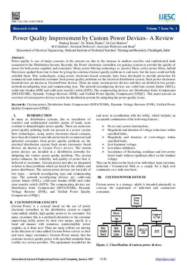 (PDF) Power Quality Improvement by Custom Power Devices-A Review