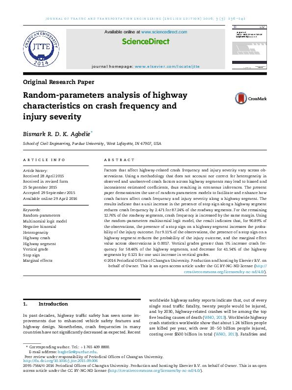 Pdf Random Parameters Analysis Of Highway Characteristics On Crash