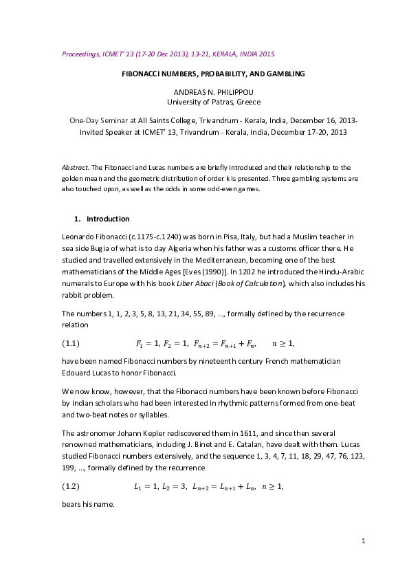 (PDF) FIBONACCI NUMBERS, PROBABILITY, AND GAMBLING