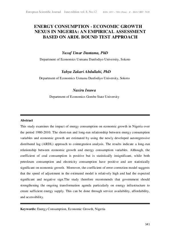 Pdf Energy Consumption Economic Growth Nexus In Nigeria An