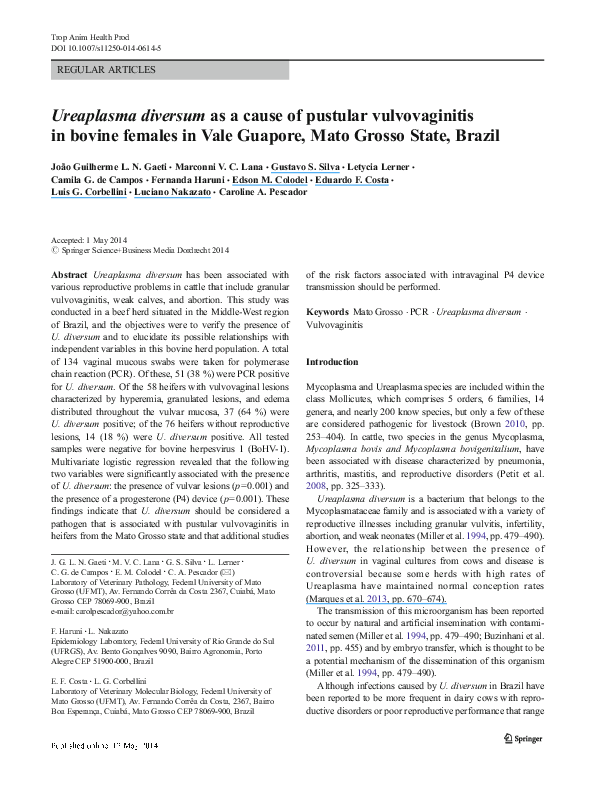 (PDF) Ureaplasma diversum as a cause of pustular vulvovaginitis in ...