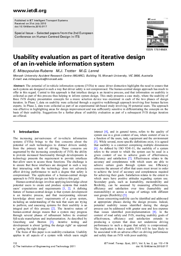 Pdf Usability Evaluation As Part Of Iterative Design Of An In Vehicle Information System