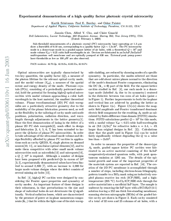 (PDF) Experimental demonstration of a high quality factor photonic ...