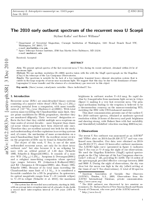 (PDF) The 2010 early outburst spectrum of the recurrent nova U Scorpii