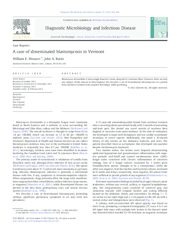 (PDF) A case of disseminated blastomycosis in Vermont