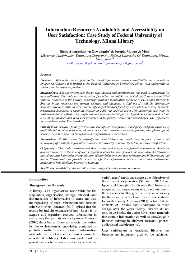 (PDF) Information Resources Availability and Accessibility on User Satisfaction: Case Study of ...