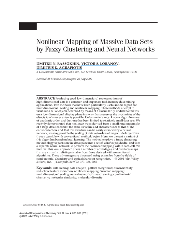 Pdf Nonlinear Mapping Of Massive Data Sets By Fuzzy Clustering And Neural Networks Victor